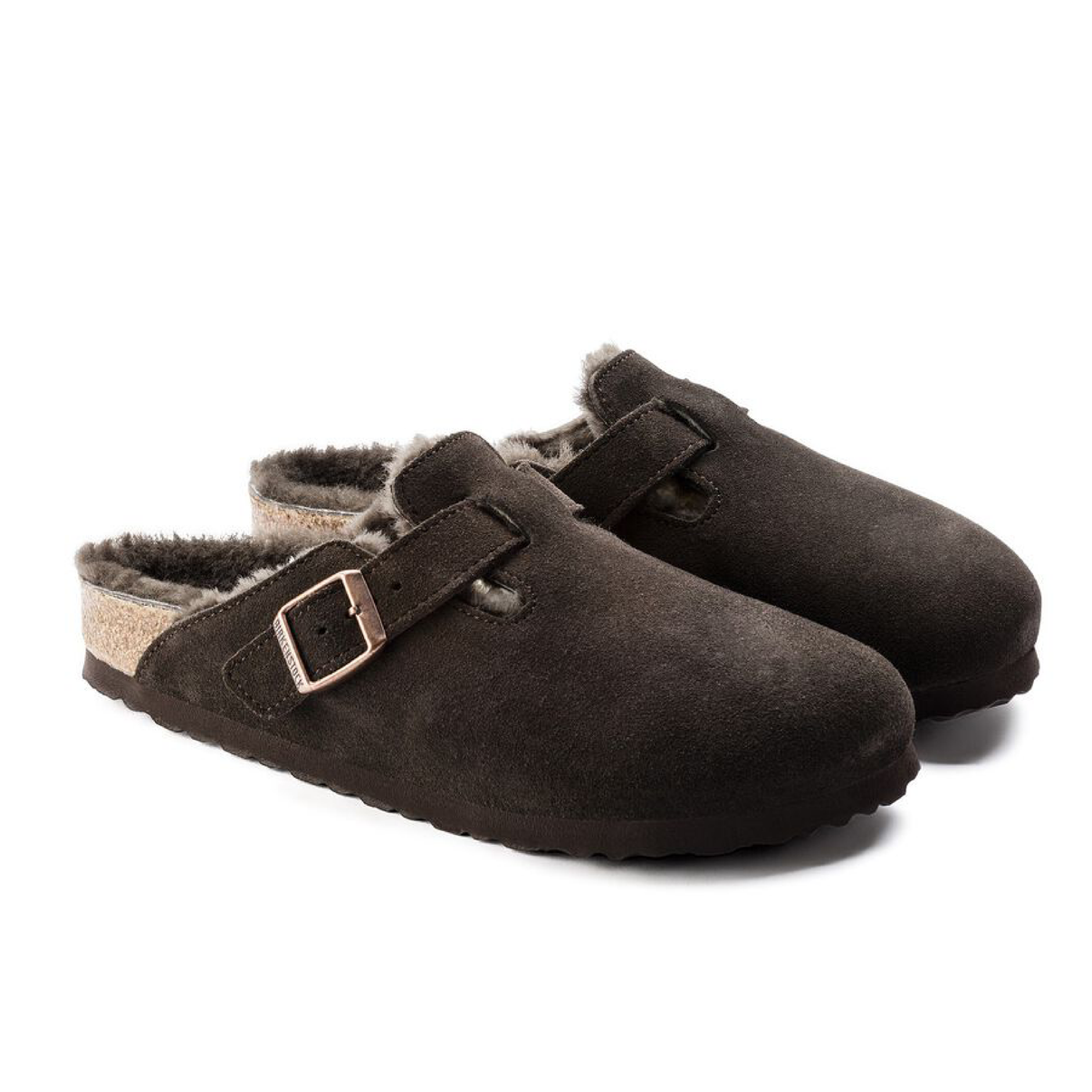 Birkenstock - Boston Shearling Suede Leather Slippers, Mocha – SŒURS